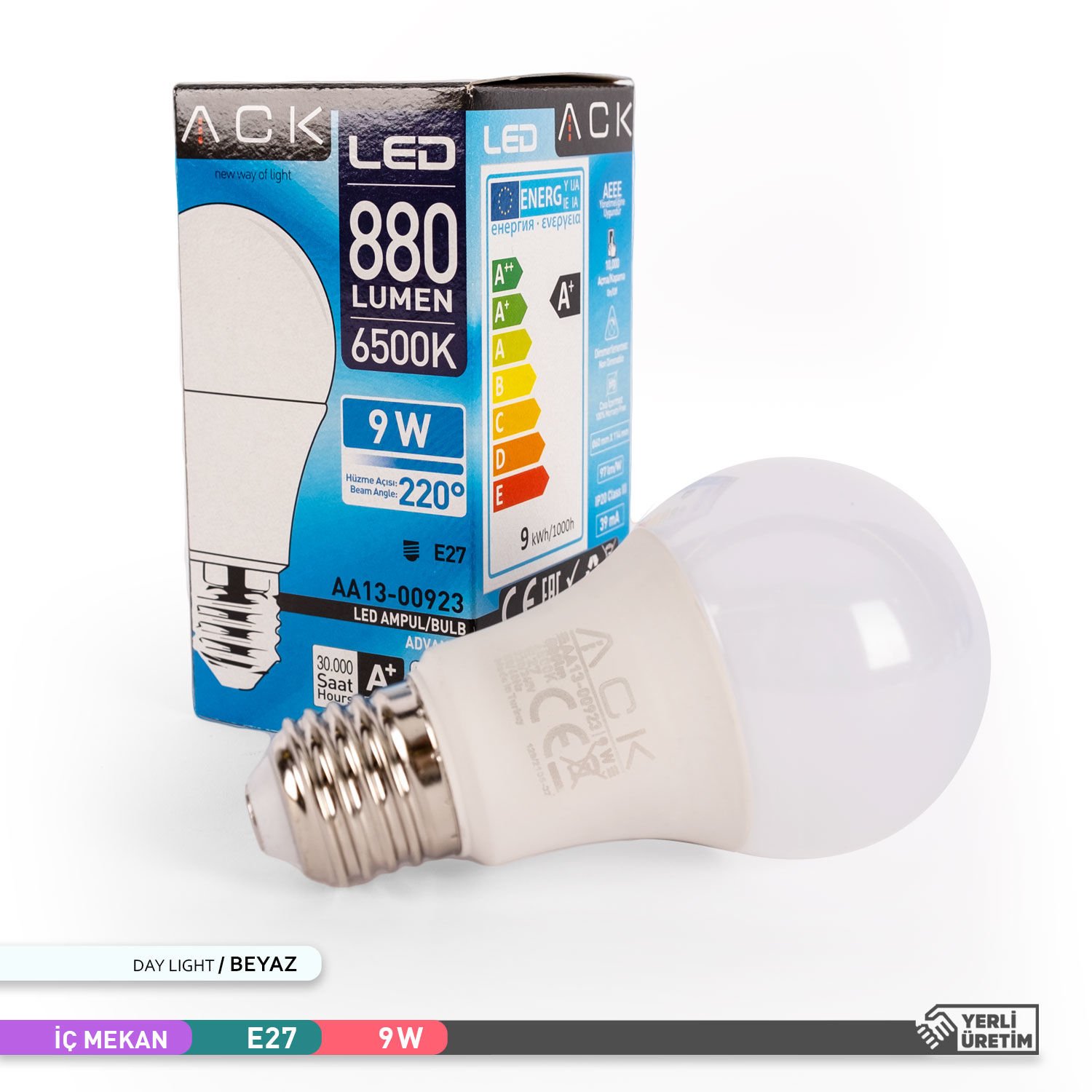 ACK 9W LED A60 E27 Ampul 6500K AA13-00923 | www.elektrikmarket.com.tr