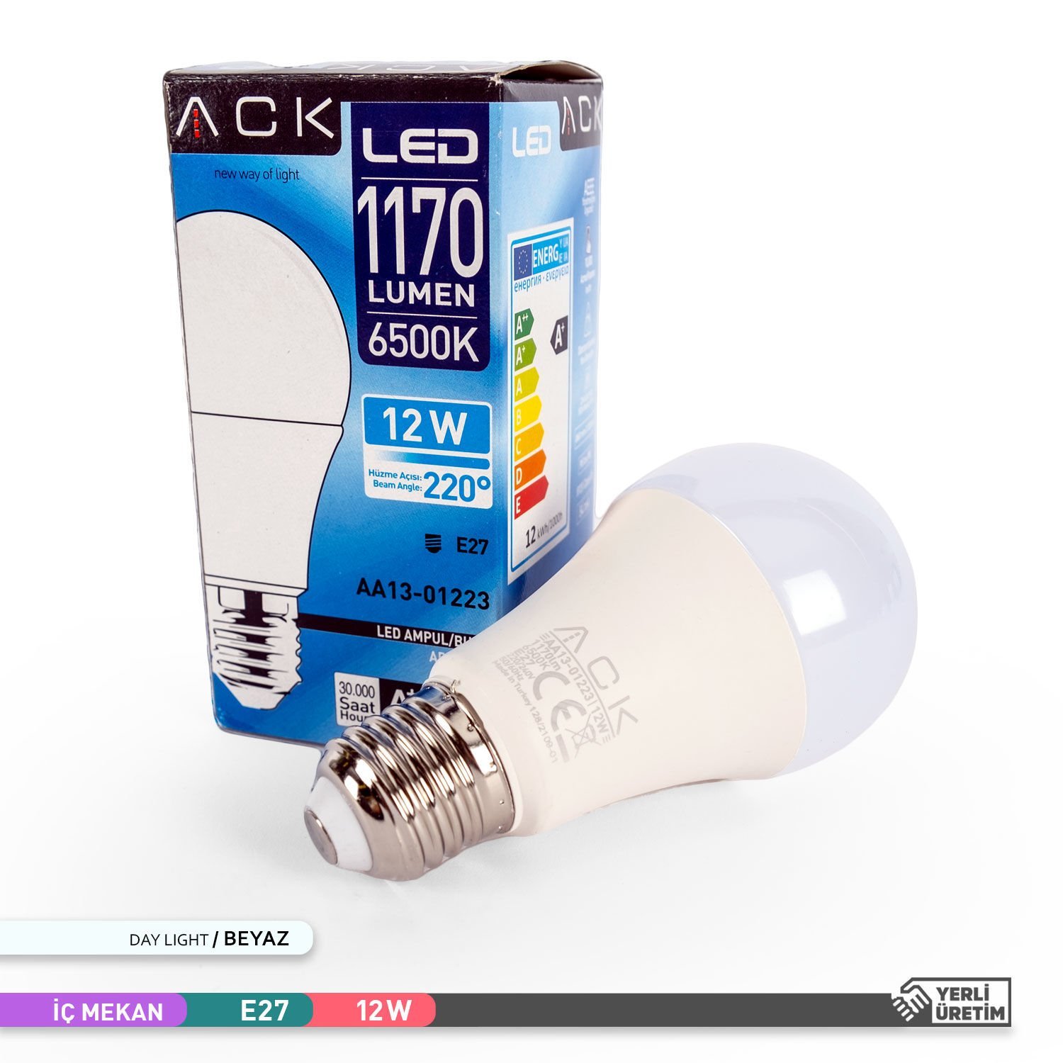 ACK 12W LED A60 E27 Ampul 6500K AA13-01223 | www.elektrikmarket.com.tr